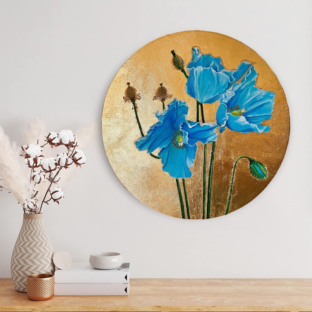 Blue Flowers Poppy Gold Leaf Background Original Round Oil Painting by ...