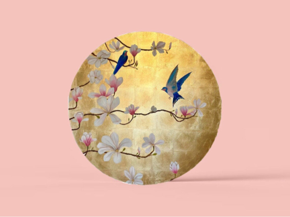 Round Gold Leaf Magnolia Original Painting, Birds Painting, Flower ...