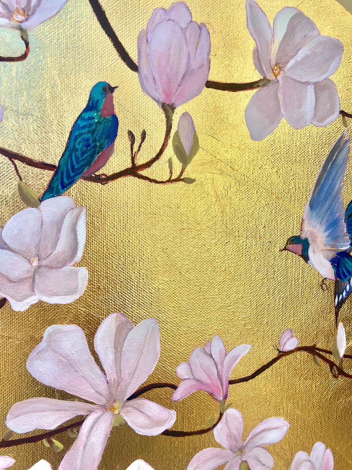 Round Gold Leaf Magnolia Original Painting, Birds Painting, Flower ...