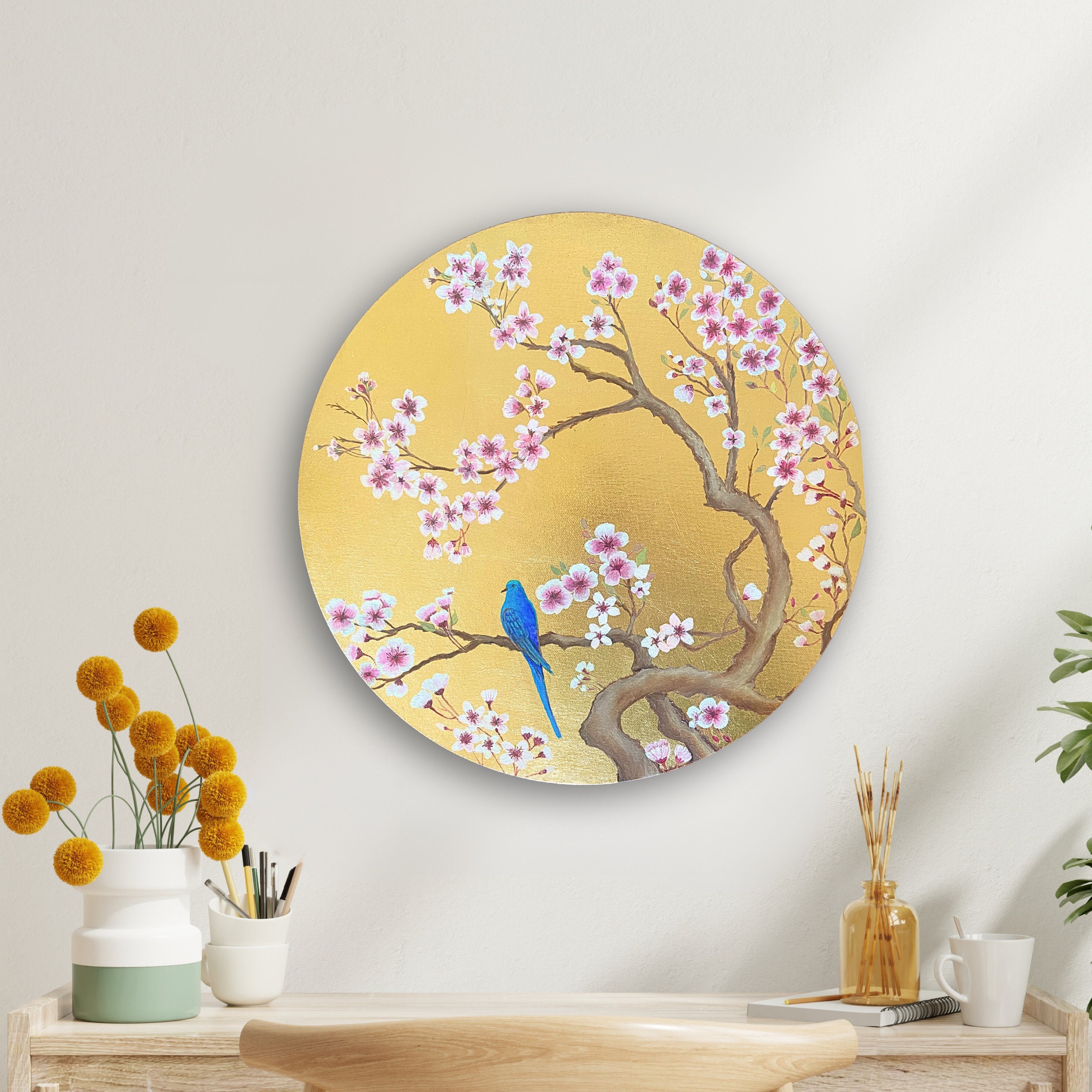 Round Gold Leaf Cherry Blossom Original Painting, Bird Painting, Flower ...