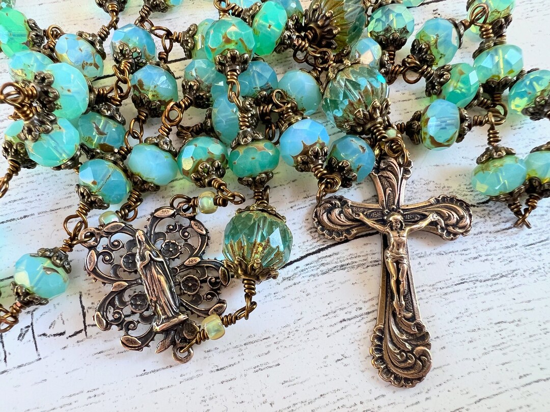 Hand Wire-wrapped Rustic Rosary Aqua Mix Picasso Czech Glass Beads ...
