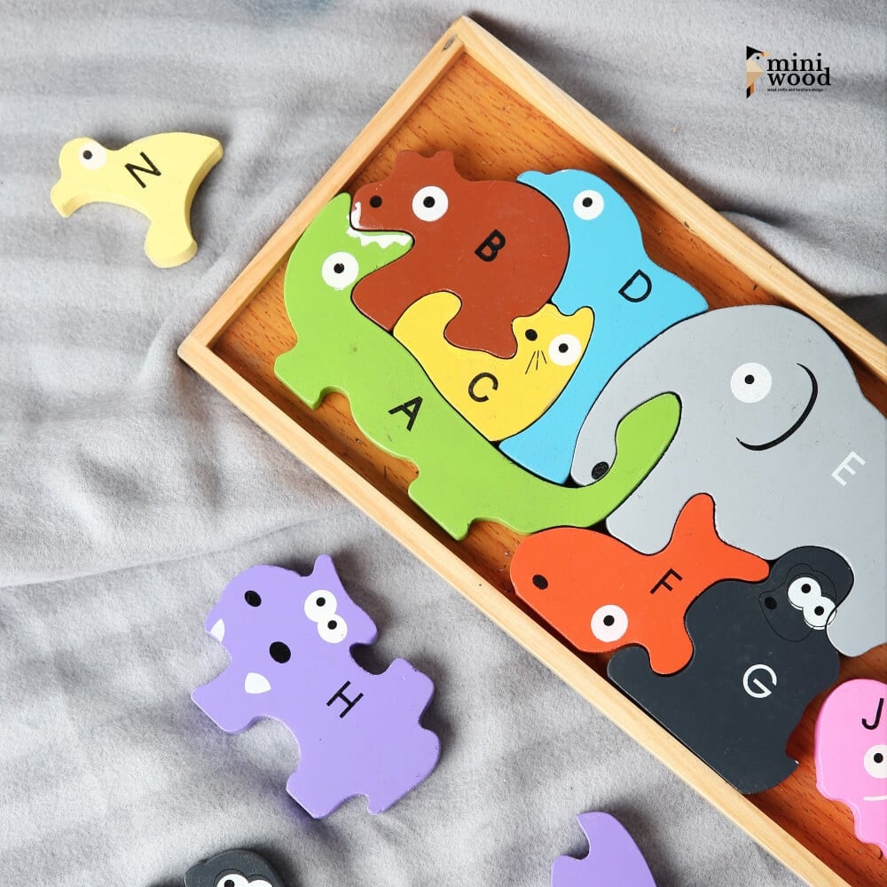 Wood Alphabet Puzzle With Animals Shapes Montessori Toy Learning Toys ...