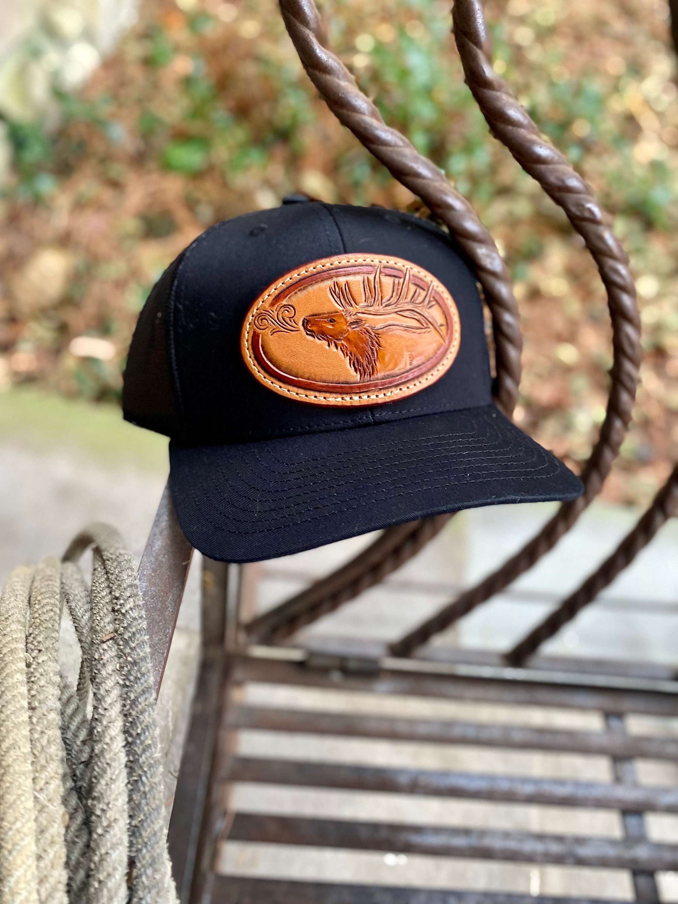 Tooled Leather Elk Patch Trucker Hat Ball Cap - Etsy