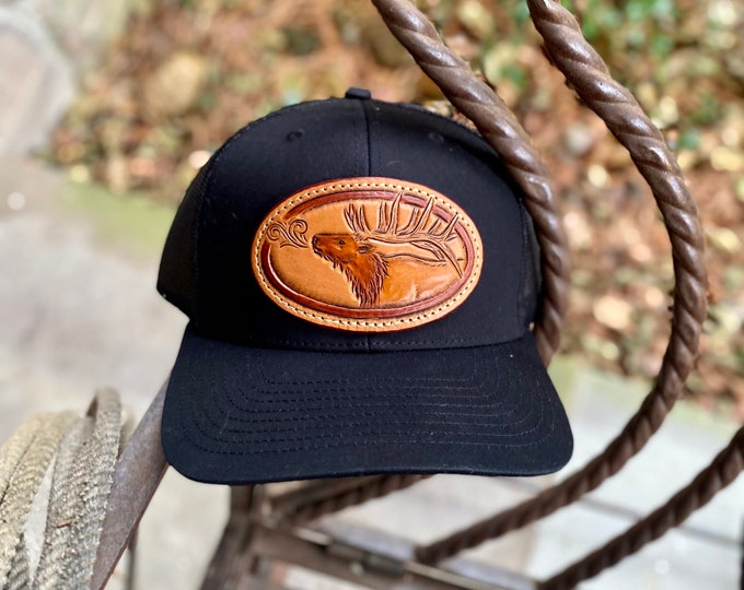Tooled Leather Elk Patch Trucker Hat Ball Cap - Etsy
