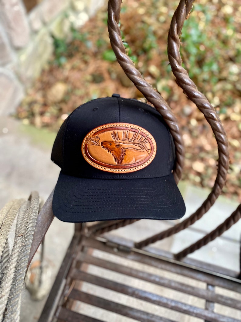 Tooled Leather Elk Patch Trucker Hat Ball Cap - Etsy