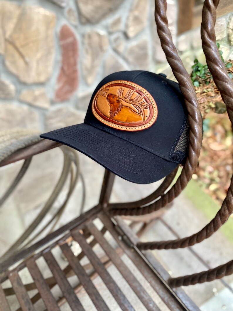 Tooled Leather Elk Patch Trucker Hat Ball Cap - Etsy