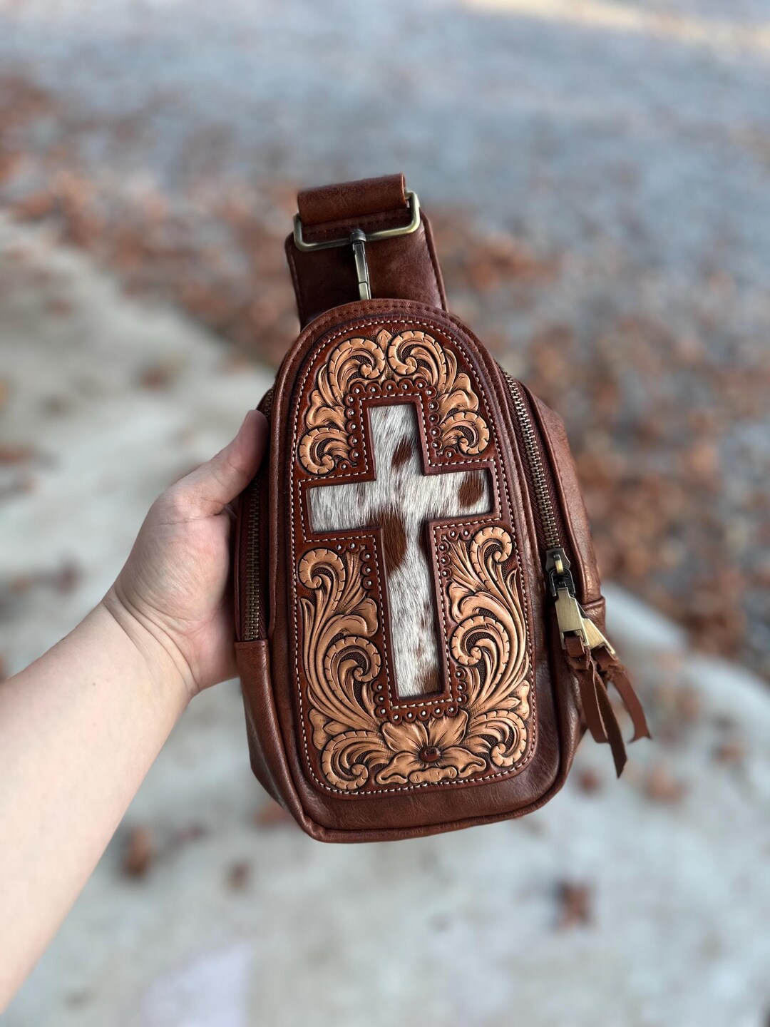 Tooled Leather Sling Bag Purse With Floral Scrolls and a Cross With ...