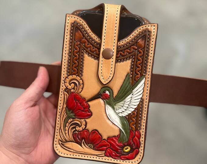 Tooled Leather Hummingbird and Red Flower Belt Phone Holder Case - Etsy