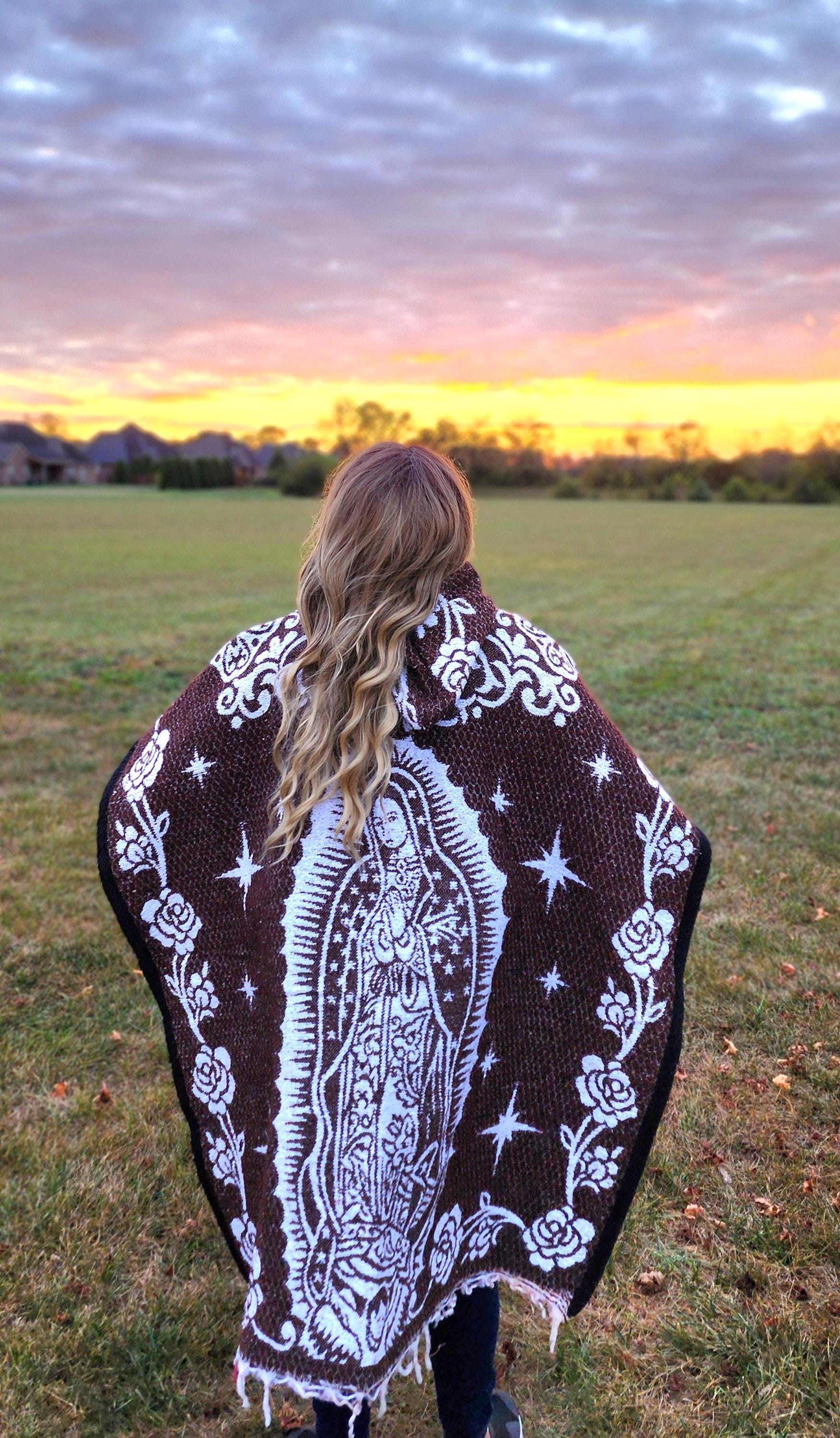 THICK Virgen De Guadalupe Brown Poncho With Hat Handmade Blanket Soft ...
