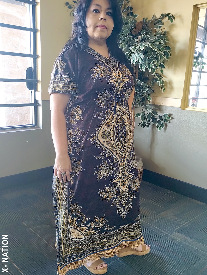 Hebrew Israelite Women's Brown & Gold Kaftan Dress, With Gold Fringes ...