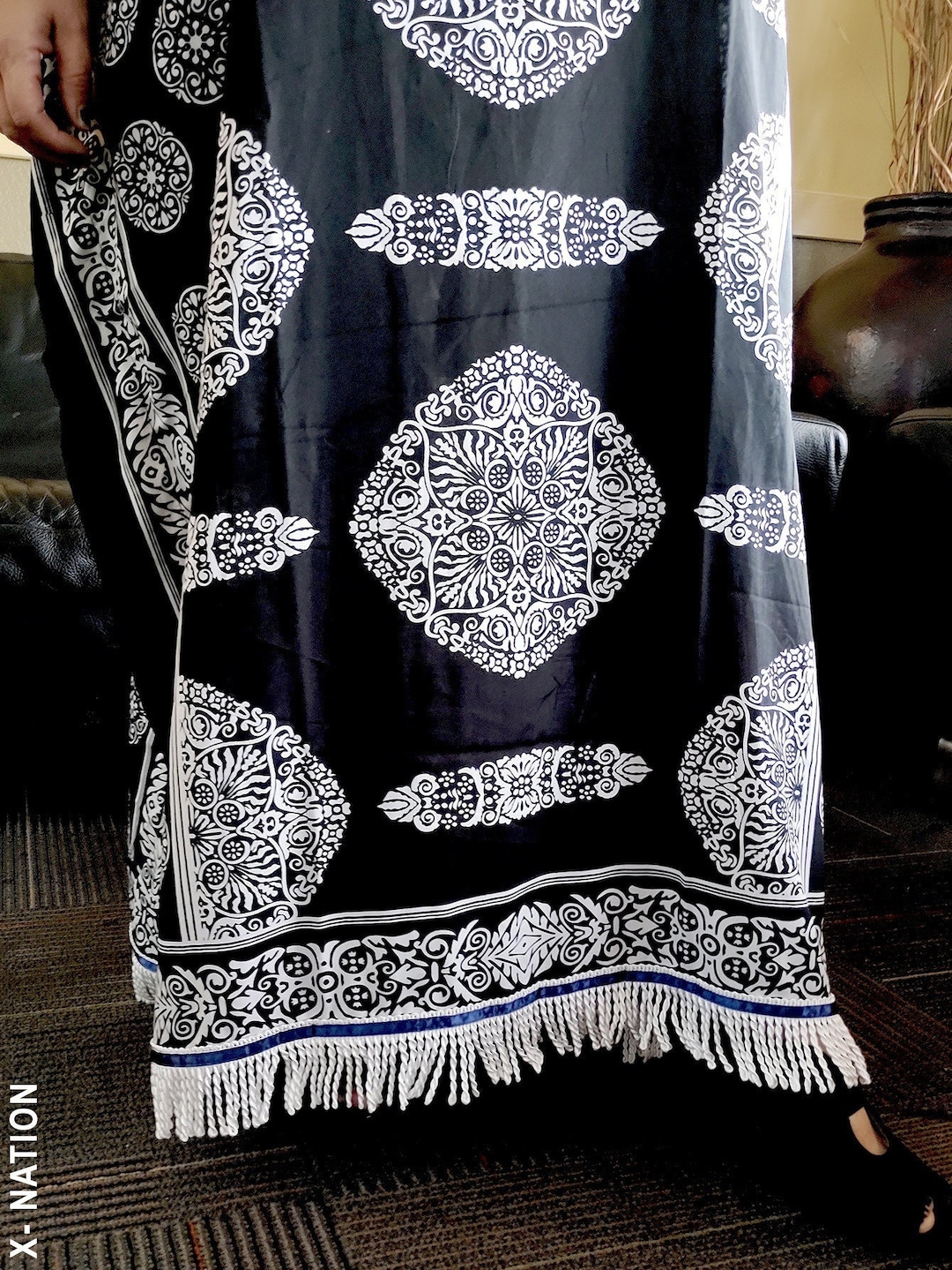 Hebrew Israelite Women's Black & White Kaftan Dress, With White Fringes ...