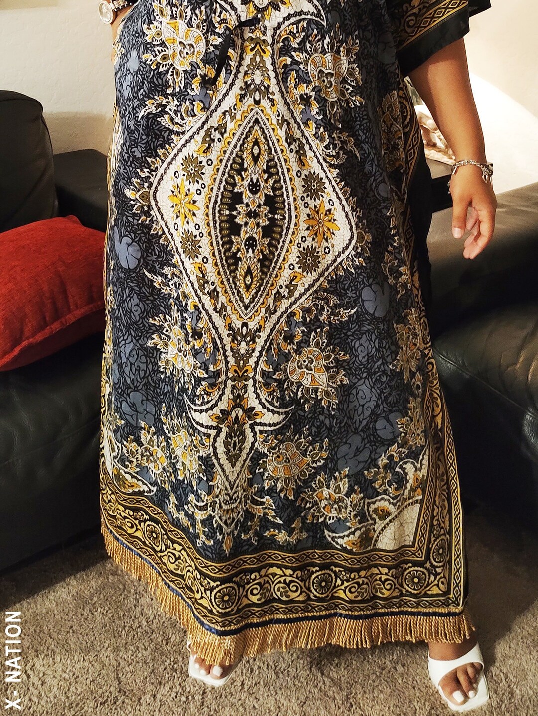 Hebrew Israelite Women's Gray & Gold Kaftan Dress, With Gold Fringes, X ...