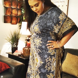 Hebrew Israelite Women's Gray & Gold Kaftan Dress, With Gold Fringes, X ...