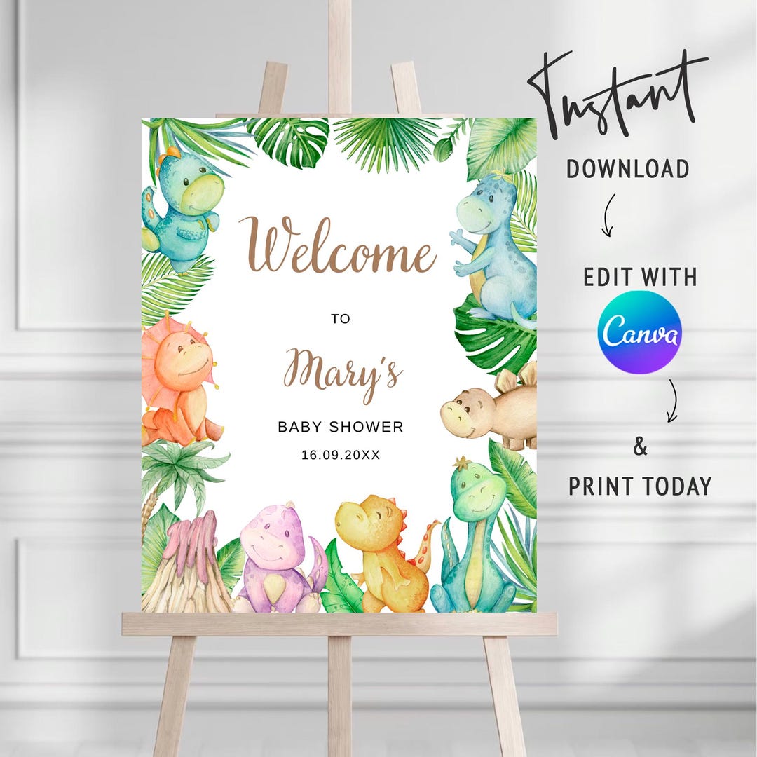 Editable Dinosaurs Baby Shower Welcome Sign | Watercolor Baby Dinosaur ...
