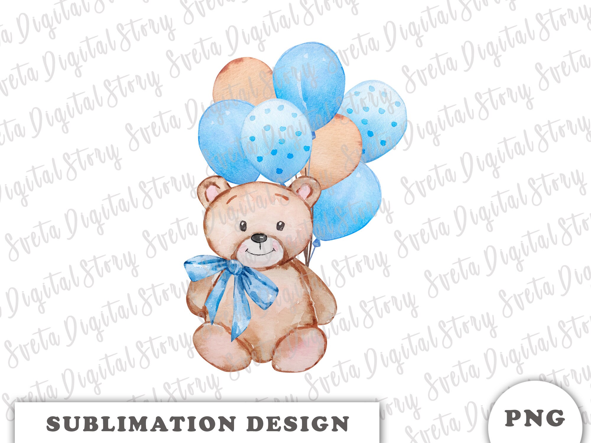 Teddy Bear With Balloons PNG Bear Sublimation Design First Boy Birthday ...
