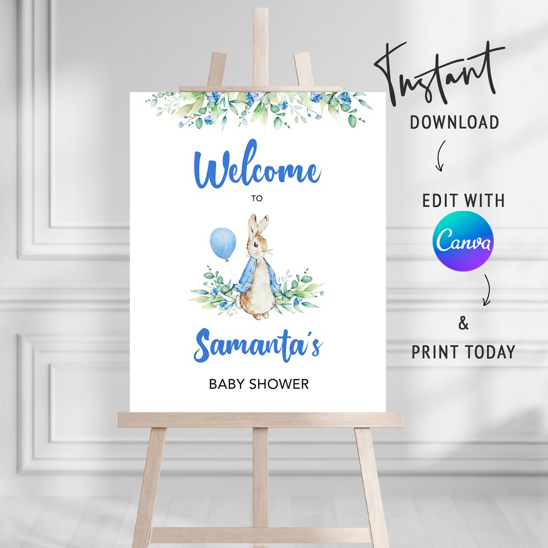 Editable Peter Rabbit Baby Shower Welcome Sign | Watercolor Peter ...