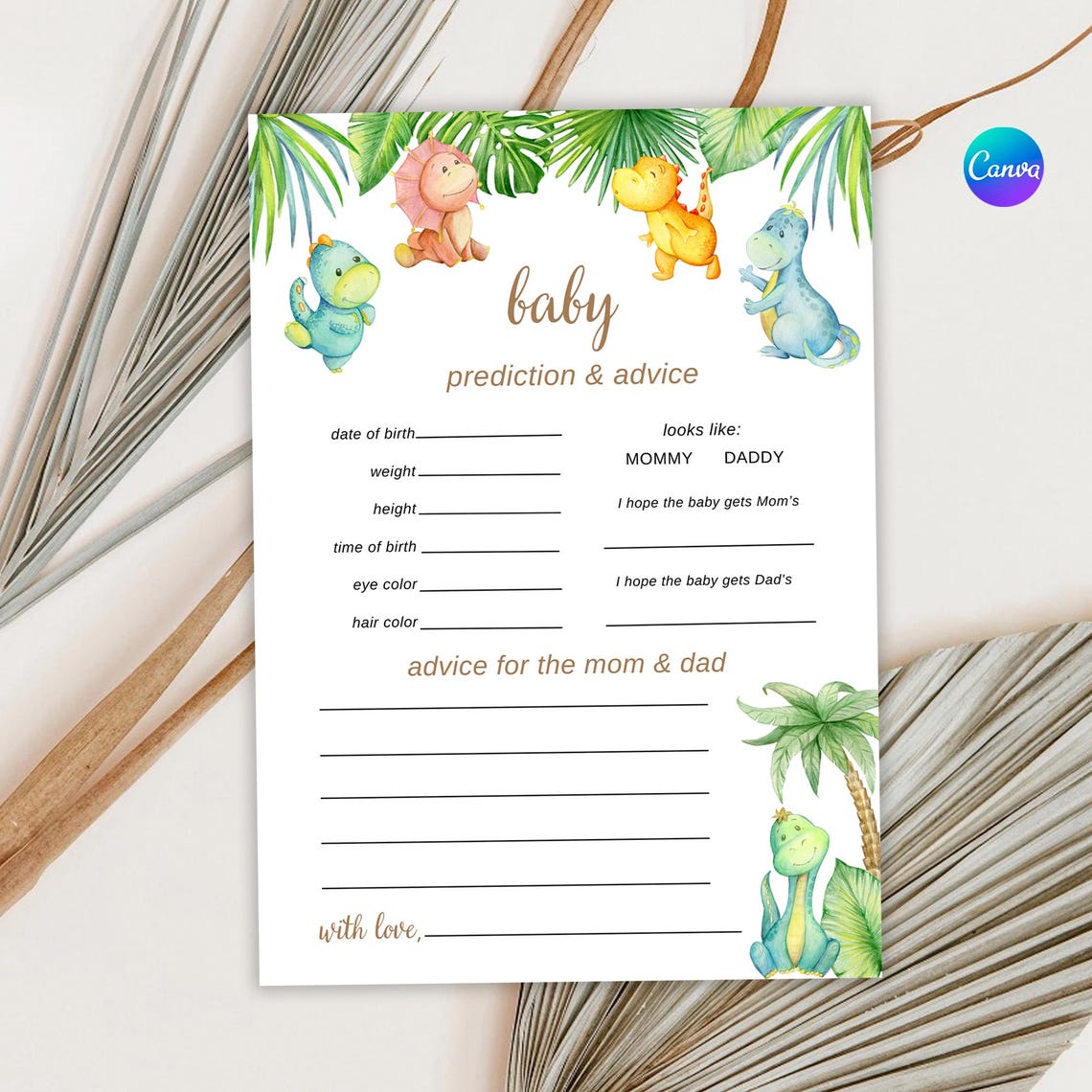 Personalized Dinosaur Baby Shower Predictions and Advice Card Template ...