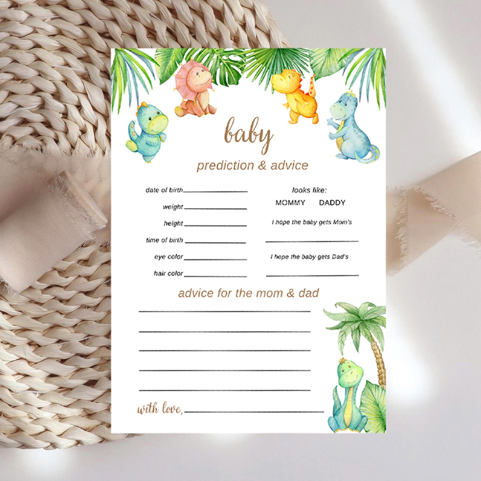Personalized Dinosaur Baby Shower Predictions and Advice Card Template ...