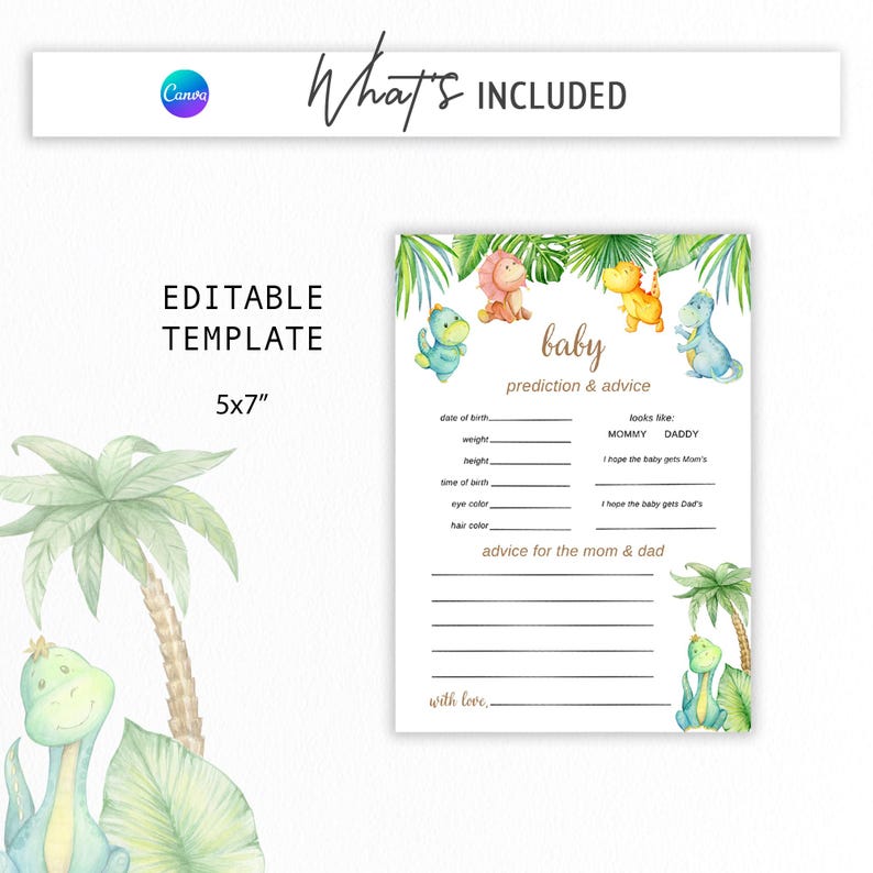 Personalized Dinosaur Baby Shower Predictions and Advice Card Template ...