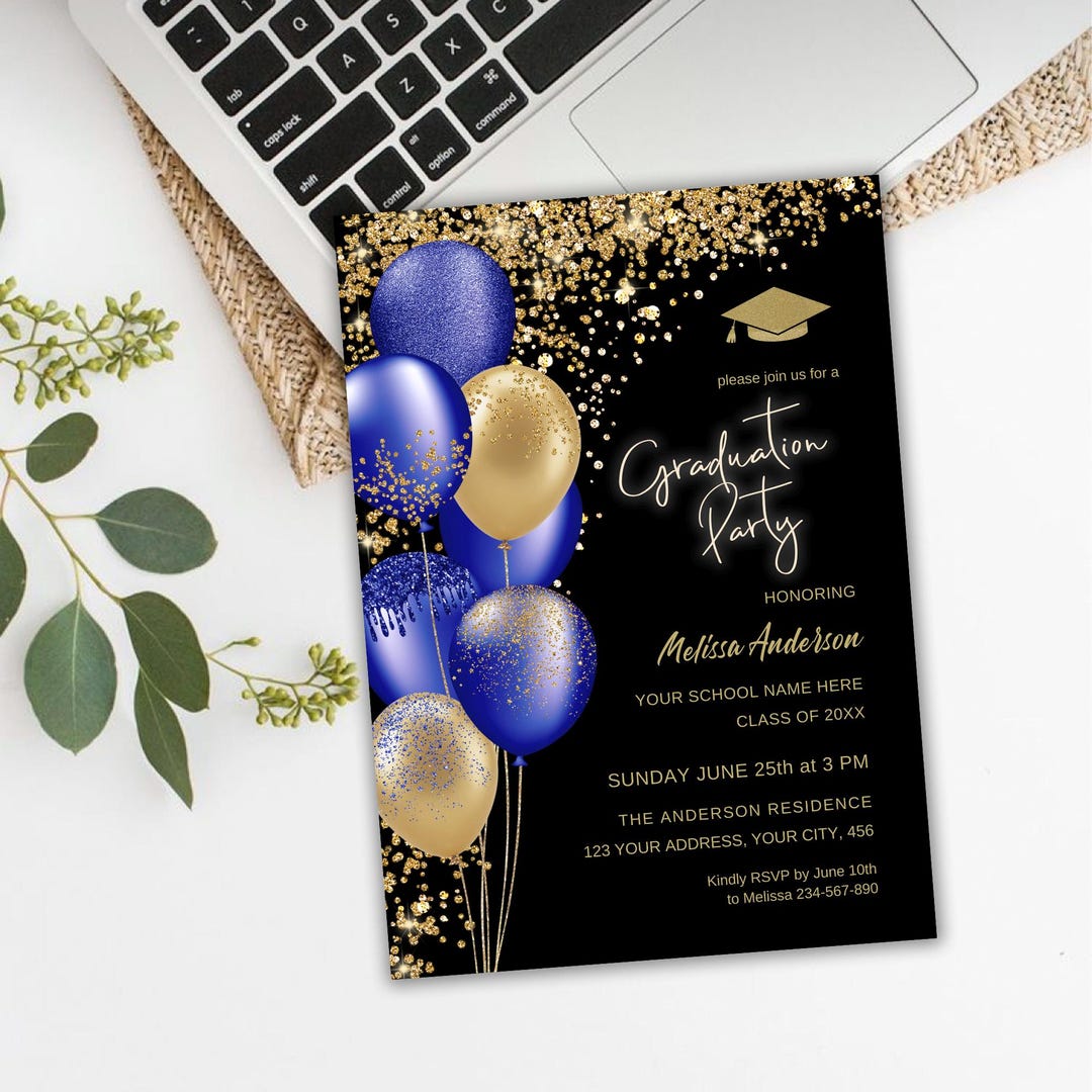 Graduation Party Invitation | Blue and Gold Balloons | Gold College ...