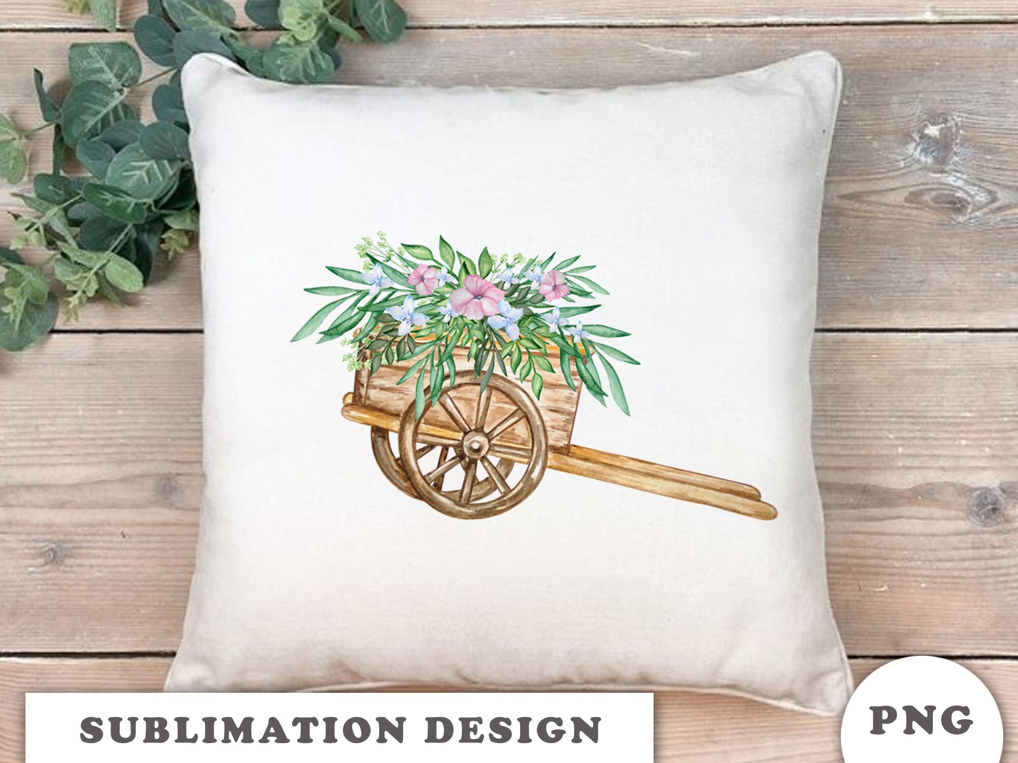 Watercolor Wooden Cart With Flowers Rustic Sublimation - Etsy