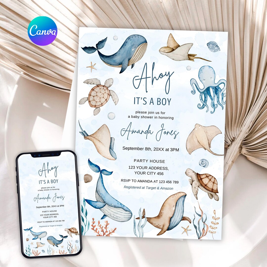 Under the Sea Ahoy Its a Boy Blue Baby Shower Invitation | Whale Baby ...