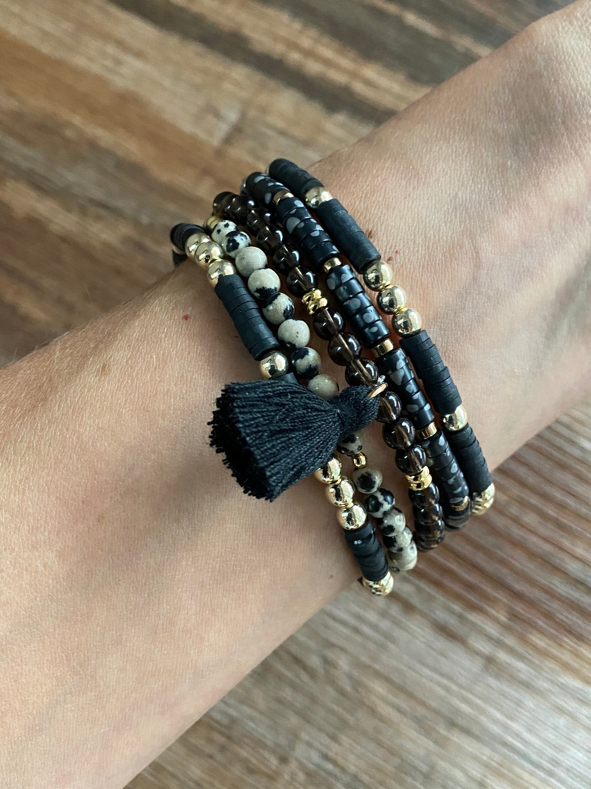 4mm BLACK STACK BRACELET | Custom Heishi Bead Gold Stone | Heishi Beads ...