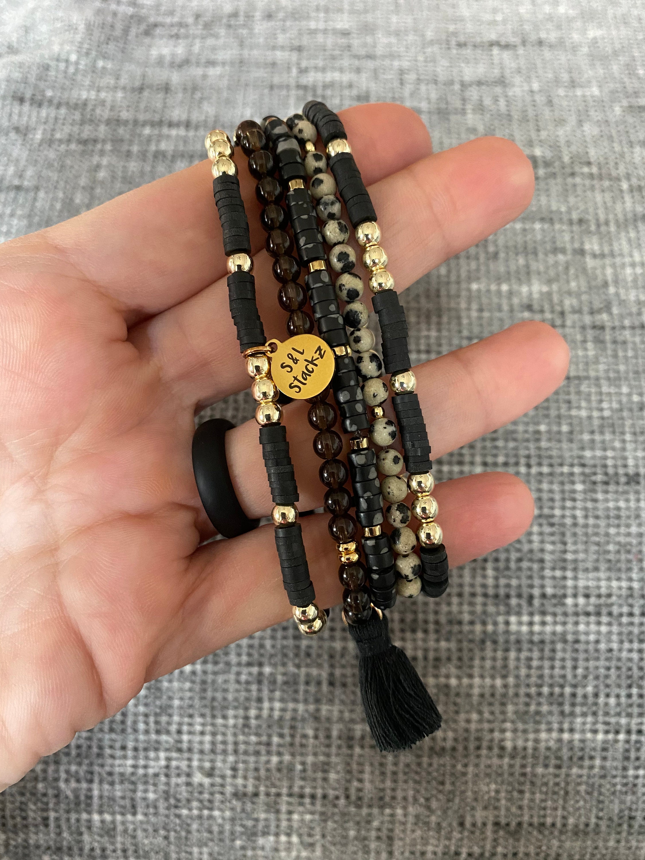 4mm BLACK STACK BRACELET | Custom Heishi Bead Gold Stone | Heishi Beads ...