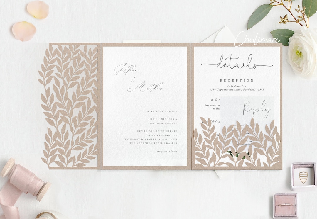 5x7 Royal Leaves Tri-fold Cricut Wedding Invitation Template, Wedding ...