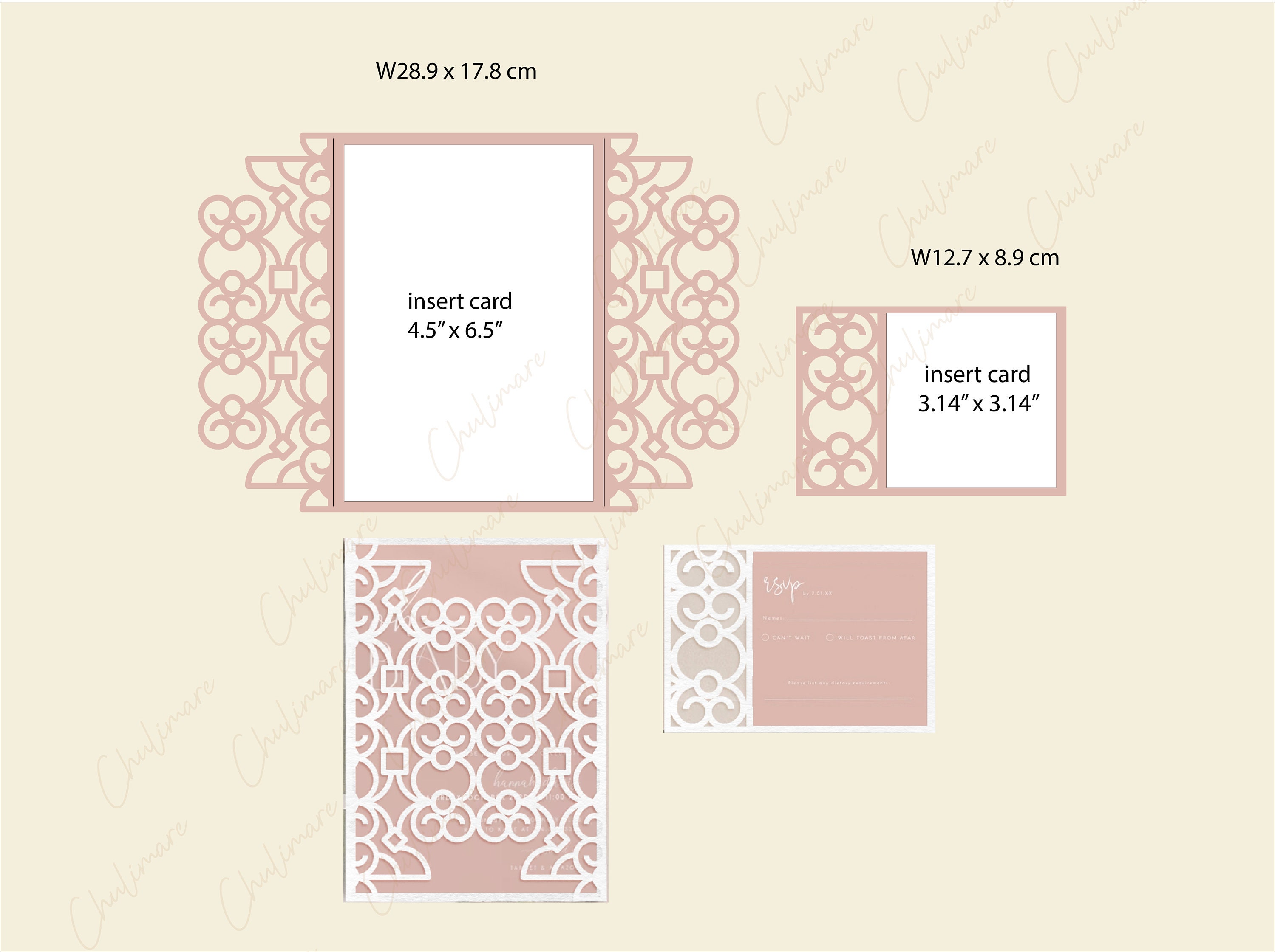 5x7 Colonial Pattern Gate-fold Wedding Invitation Laser Cut Template ...