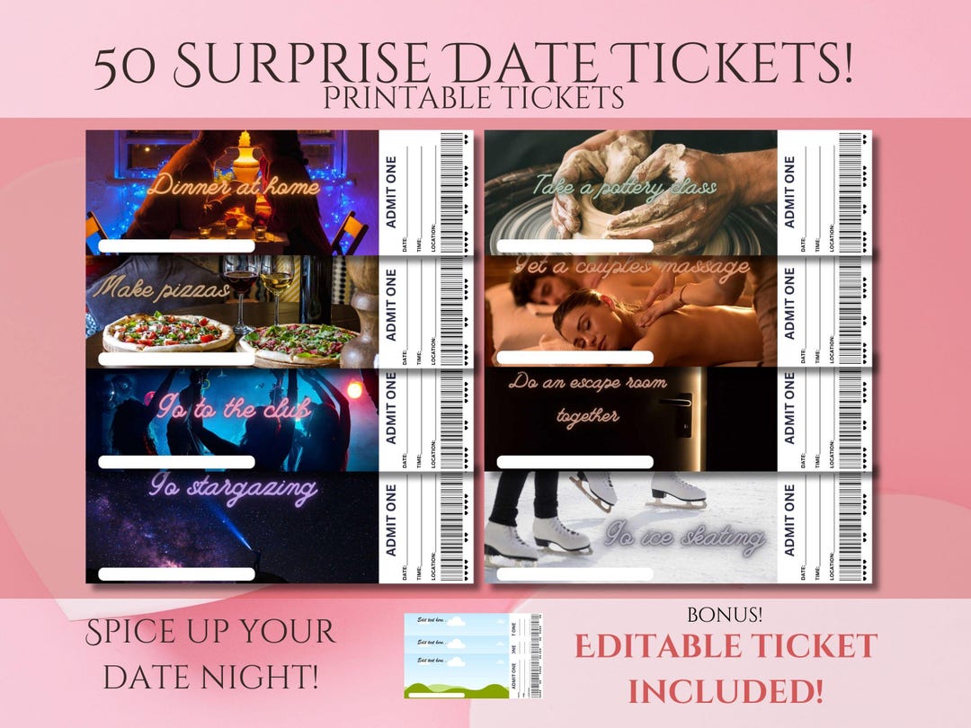 NEW! 50 SURPRISE DATE Tickets! Printable Tickets Perfect for Date Night ...