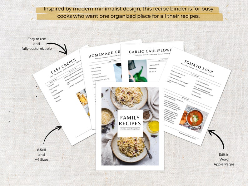 Printable Recipe Binder | Editable Cookbook Template | 0001 | Modern ...
