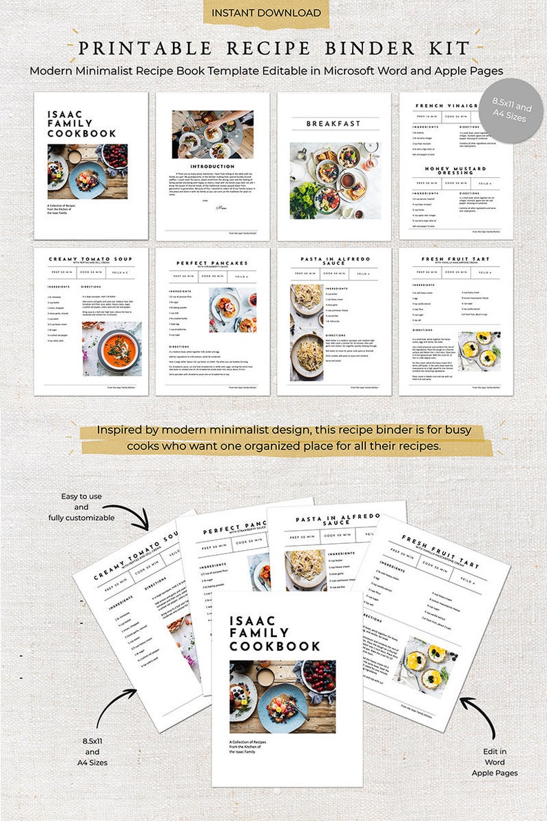 Modern Minimalist Printable Recipe Binder | Recipe Book Template ...