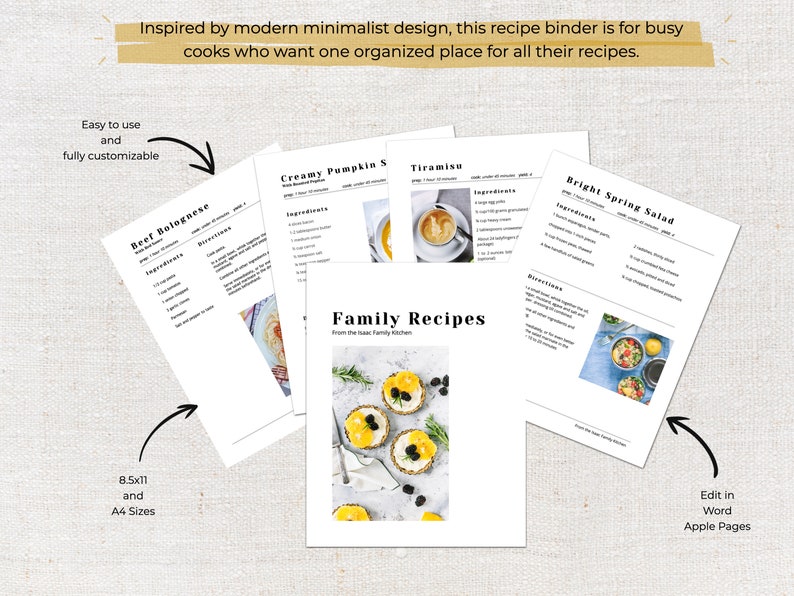 Modern Minimalist Printable Recipe Binder | Recipe Book Template ...