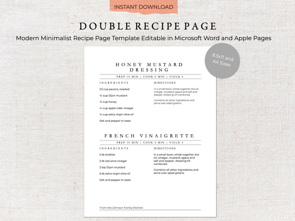 Printable Recipe Template Two Recipes per Page Recipe - Etsy