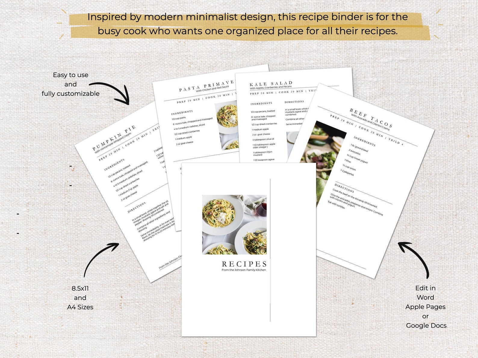 Modern Minimalist Printable Recipe Binder | Recipe Book Template ...