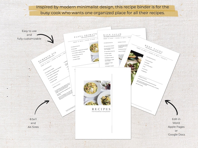 Modern Minimalist Printable Recipe Binder | Recipe Book Template ...