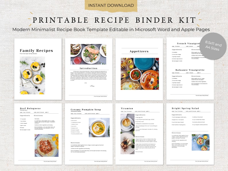Modern Minimalist Printable Recipe Binder | Recipe Book Template ...