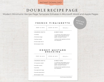 Printable Recipe Template Two Recipes per Page Recipe | Etsy
