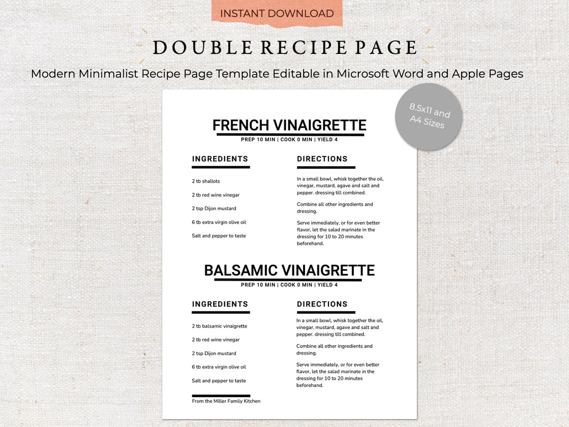 Printable Recipe Template | Two Recipes per Page | Recipe Template ...