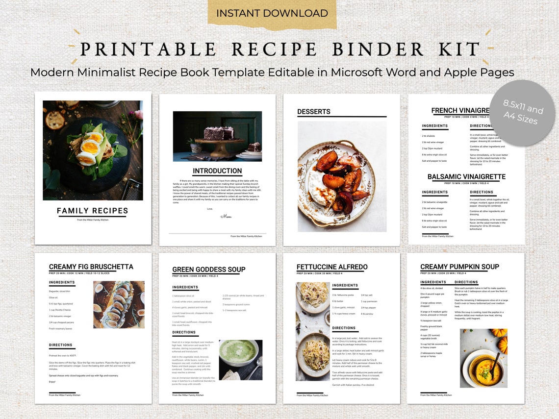 Modern Minimalist Printable Recipe Binder Recipe Book | Etsy