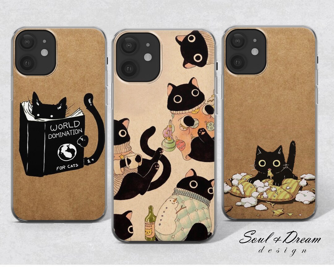 Kawaii Aesthetic Cute Black Cat Phone Case for iPhone 15 Plus 14 Pro 13 ...
