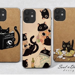 Kawaii Aesthetic Cute Black Cat Phone Case for iPhone 15 Plus 14 Pro 13 ...