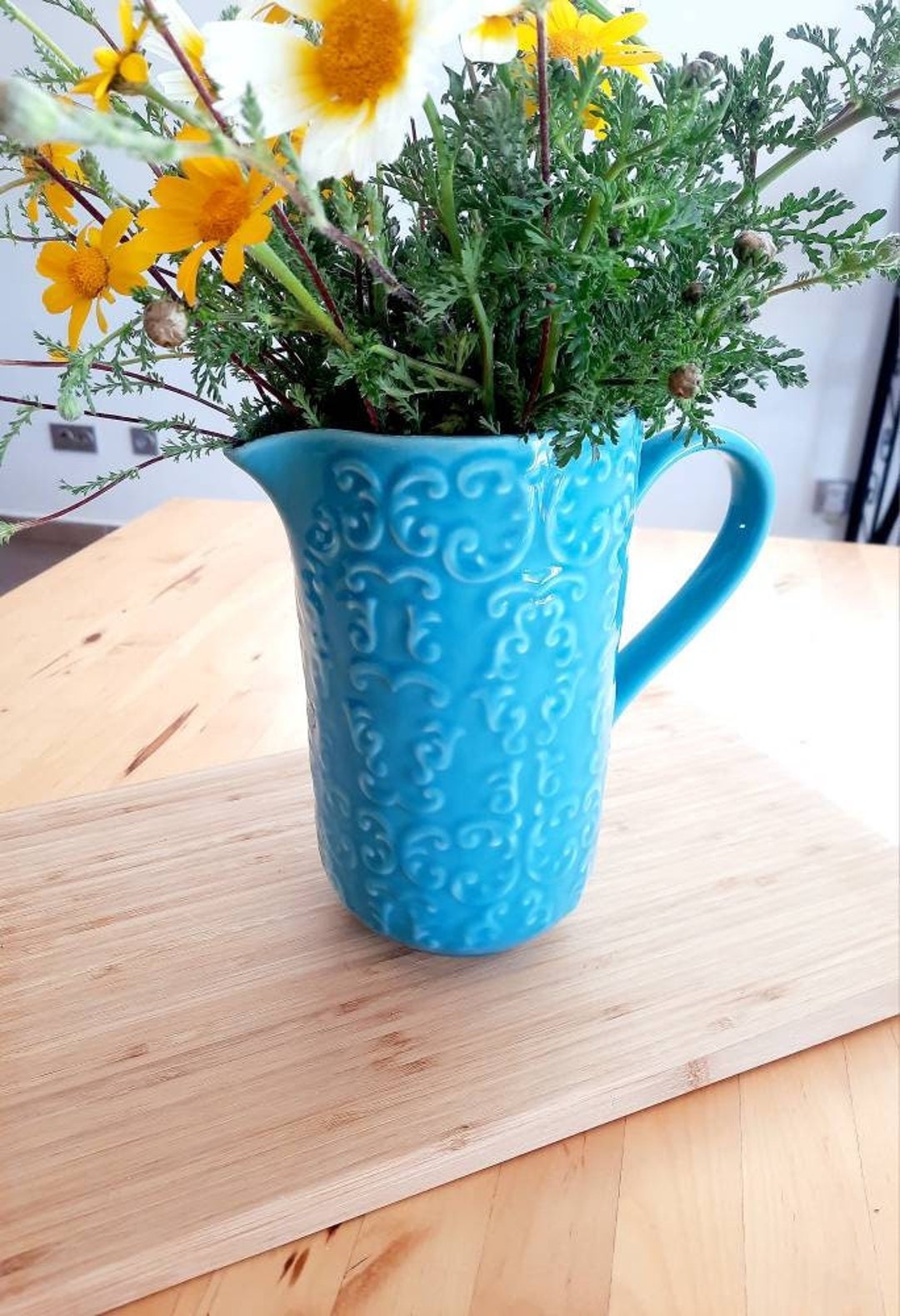 Portuguese Majolica 9 Pitcher, Light Blue With Embossed Arabesques ...