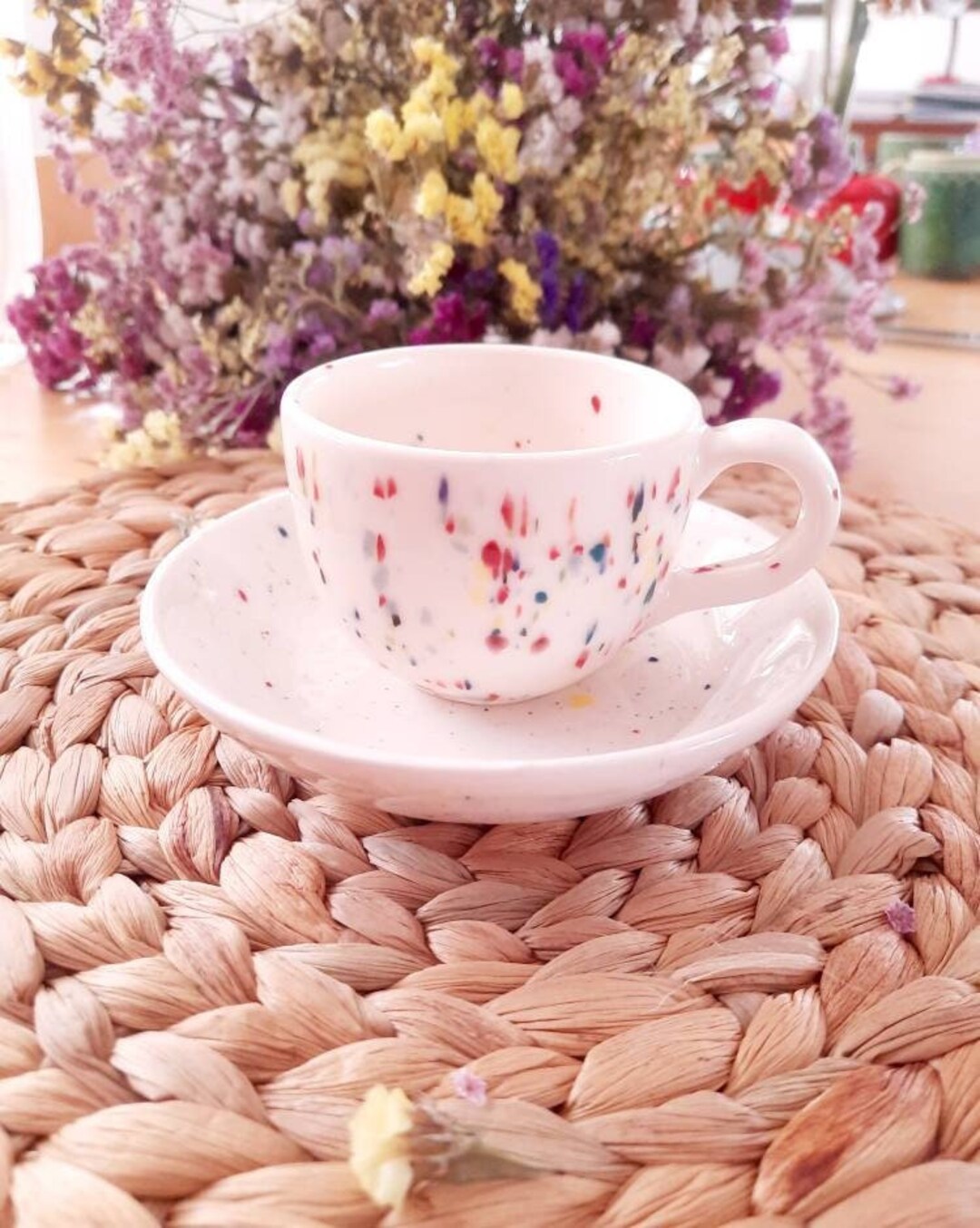 Portuguese Pottery, SET OF 2 Big Coffee Cups and Saucers. White Ceramic ...