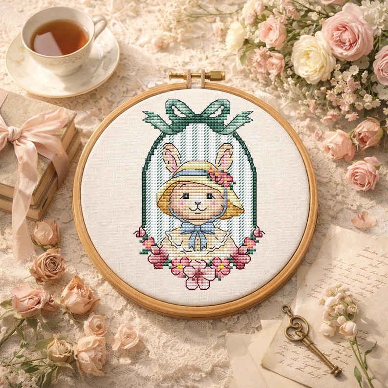 Bunny Vintage Romantic Cross Stitch Pattern PDF, Victorian Lady Rabbit ...