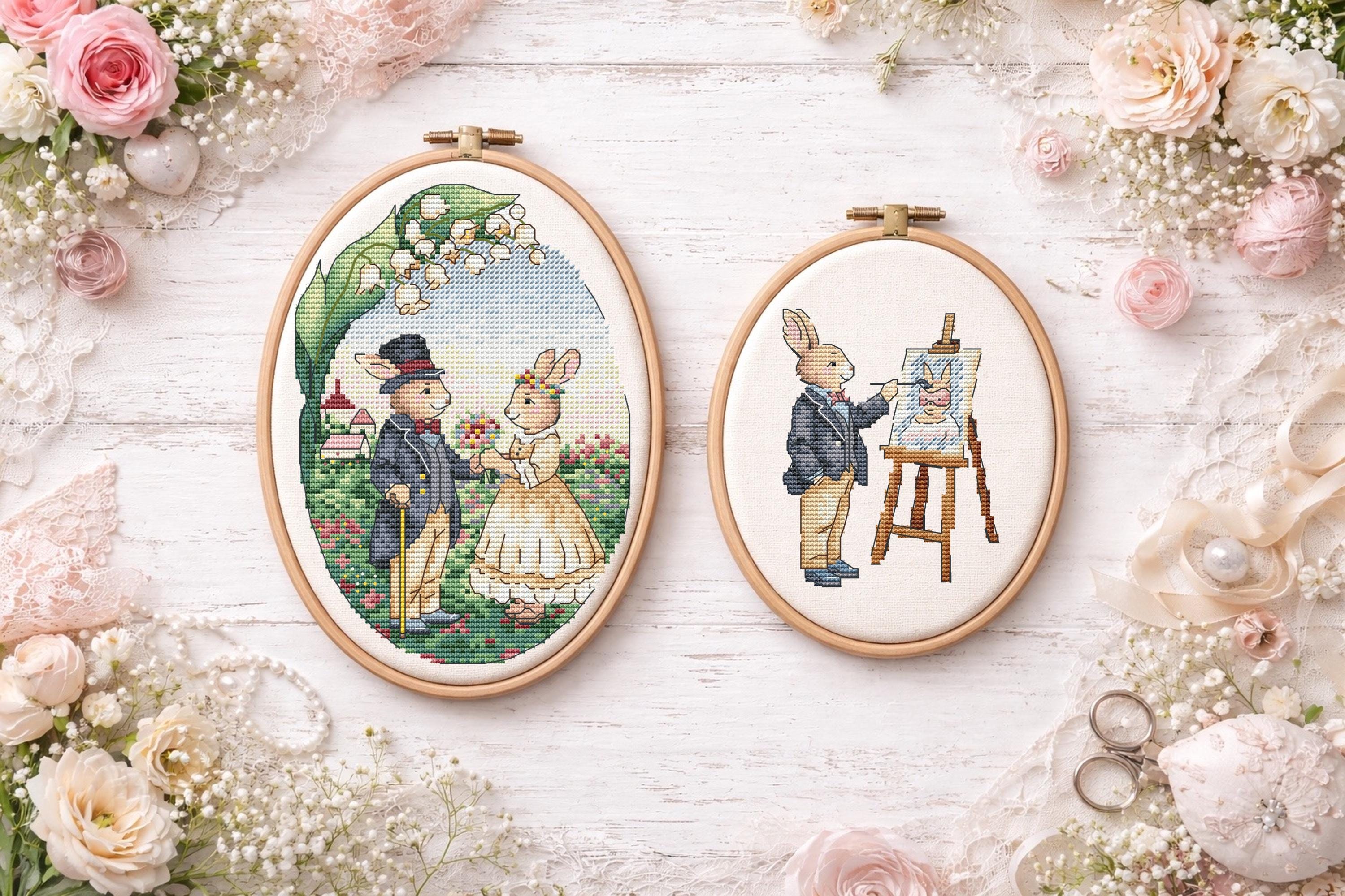 Romantic Bunny Cross Stitch Pattern Bundle, Regency Rabbit Couple ...