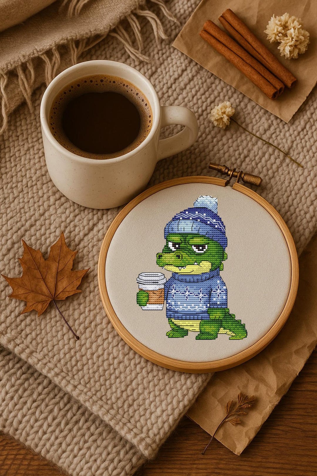 Grumpy Crocodile Cross Stitch Pattern, Funny Coffee Animal Embroidery ...