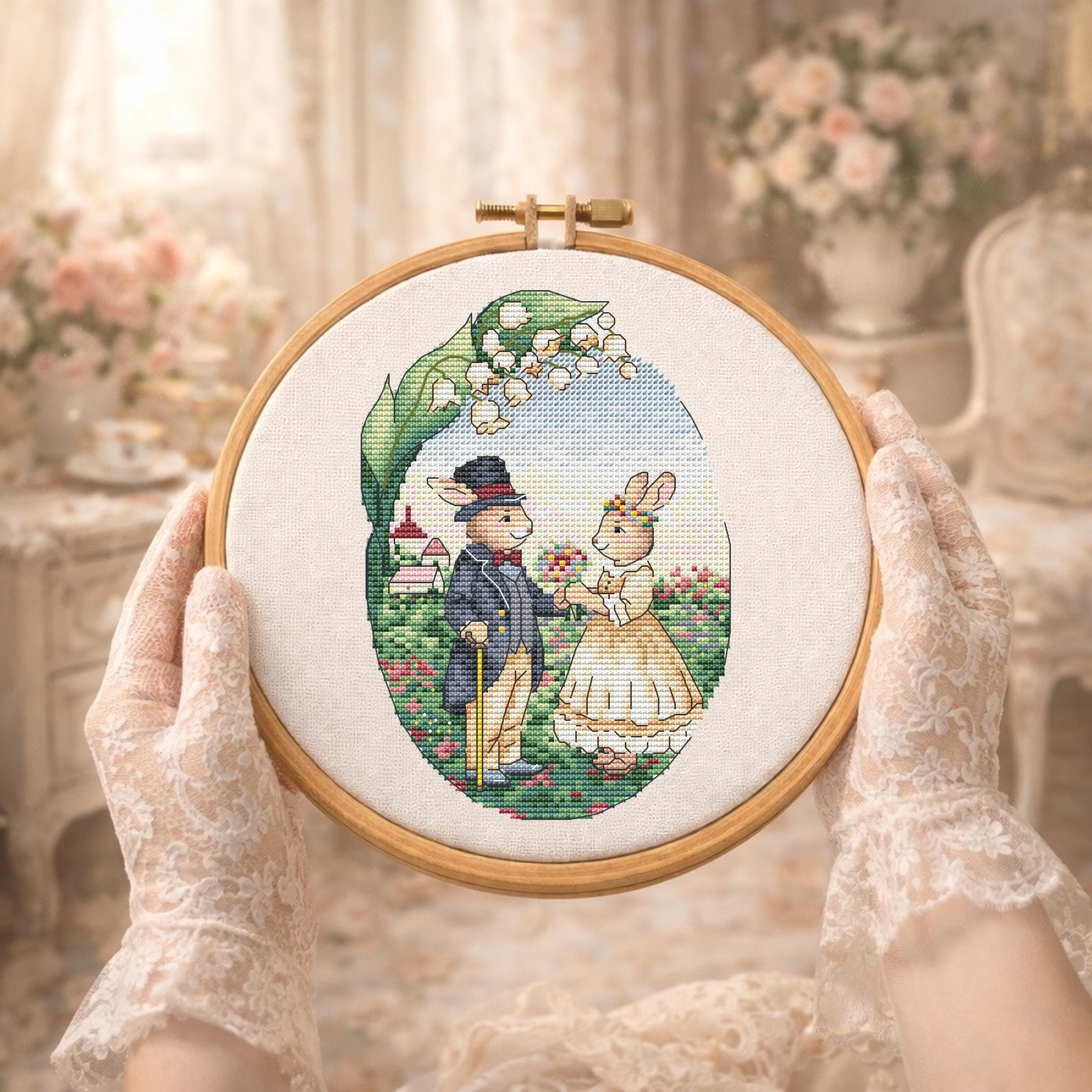 Romantic Bunny Cross Stitch Pattern Bundle, Regency Rabbit Couple ...