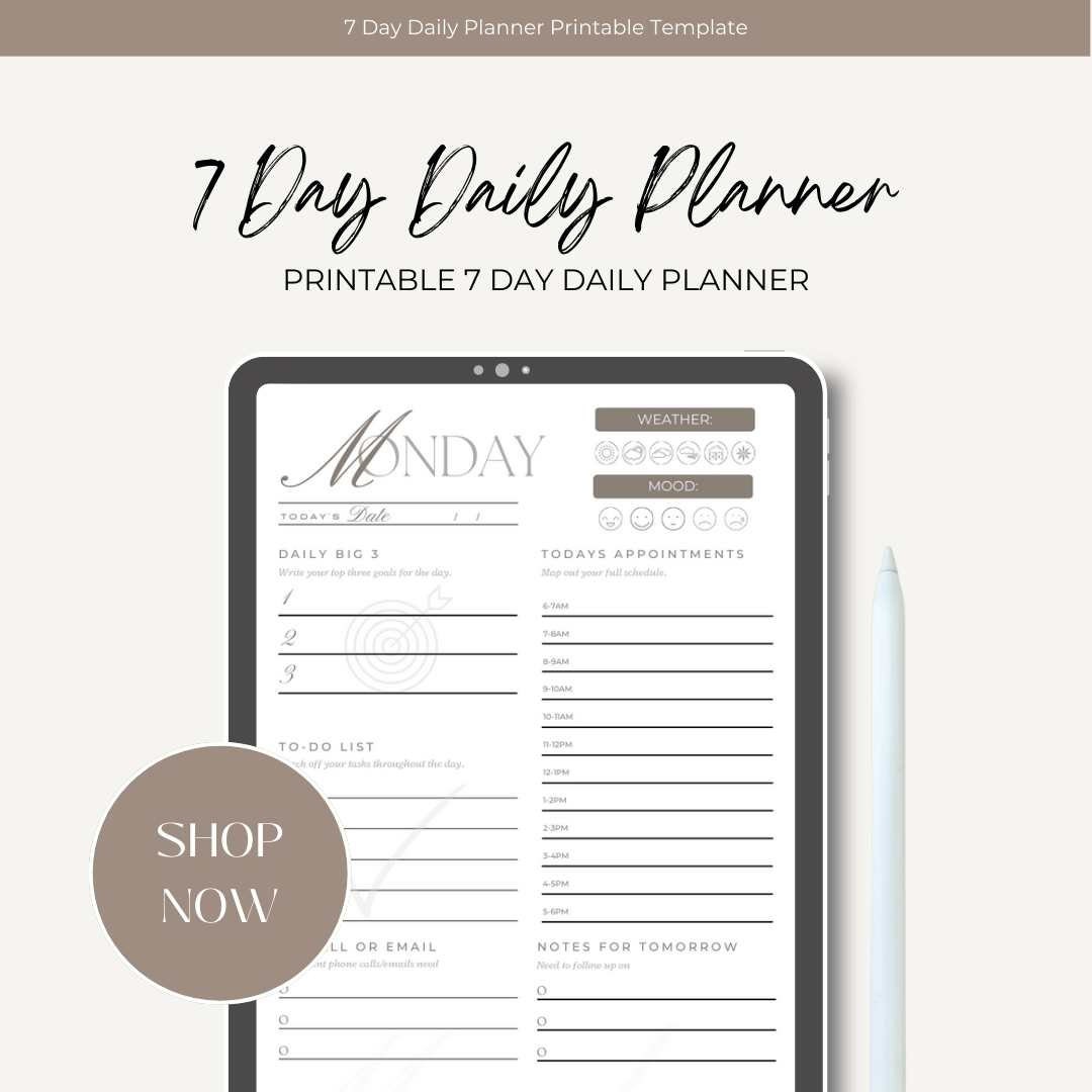 Printable 7 Day Planner, Daily Planner PDF, Editable Daily Planner PDF ...